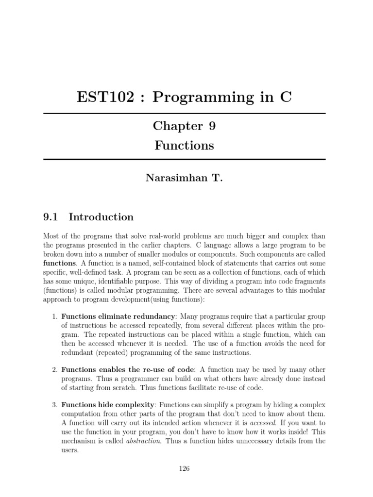 EST102: Programming in C: Functions | PDF | Parameter (Computer Programming) | Computer Program