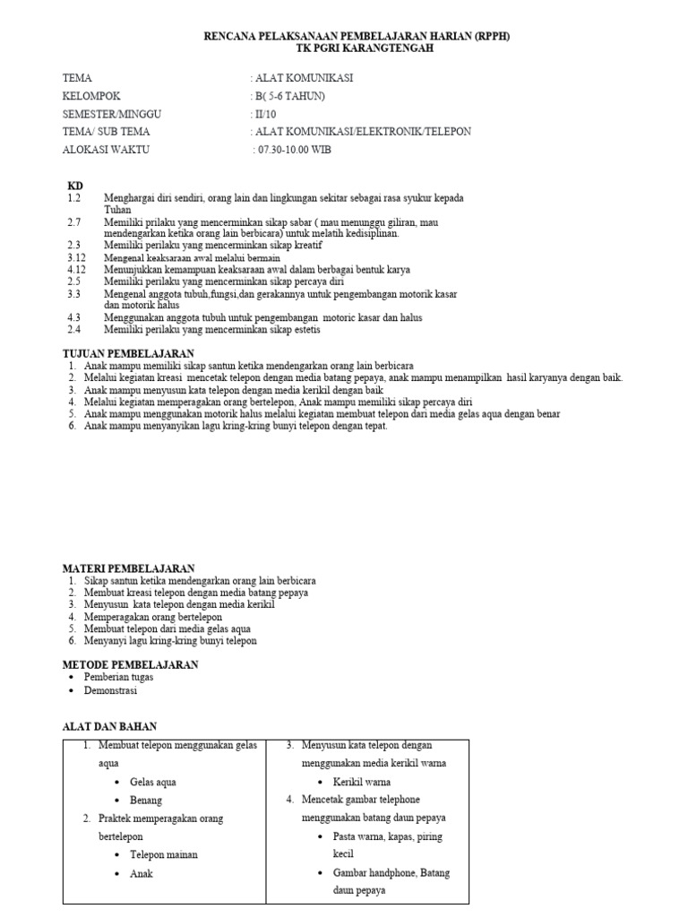 RPPH Alat Komunikasi untuk TK B | PDF