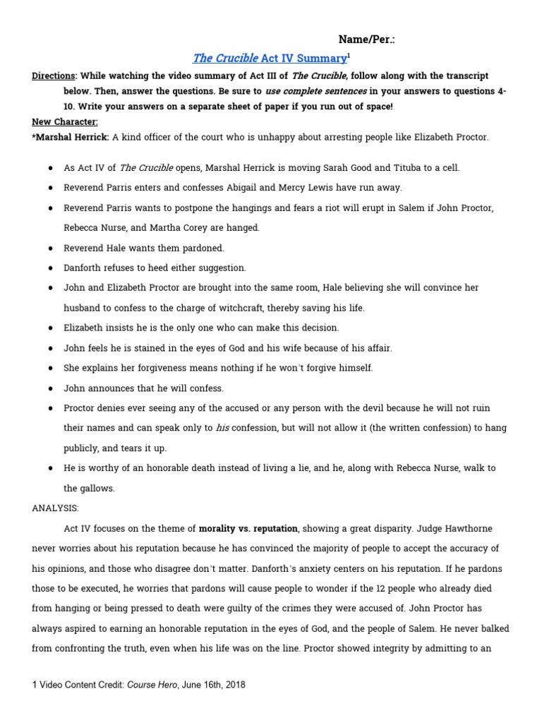The Crucible: Act IV Summary | PDF