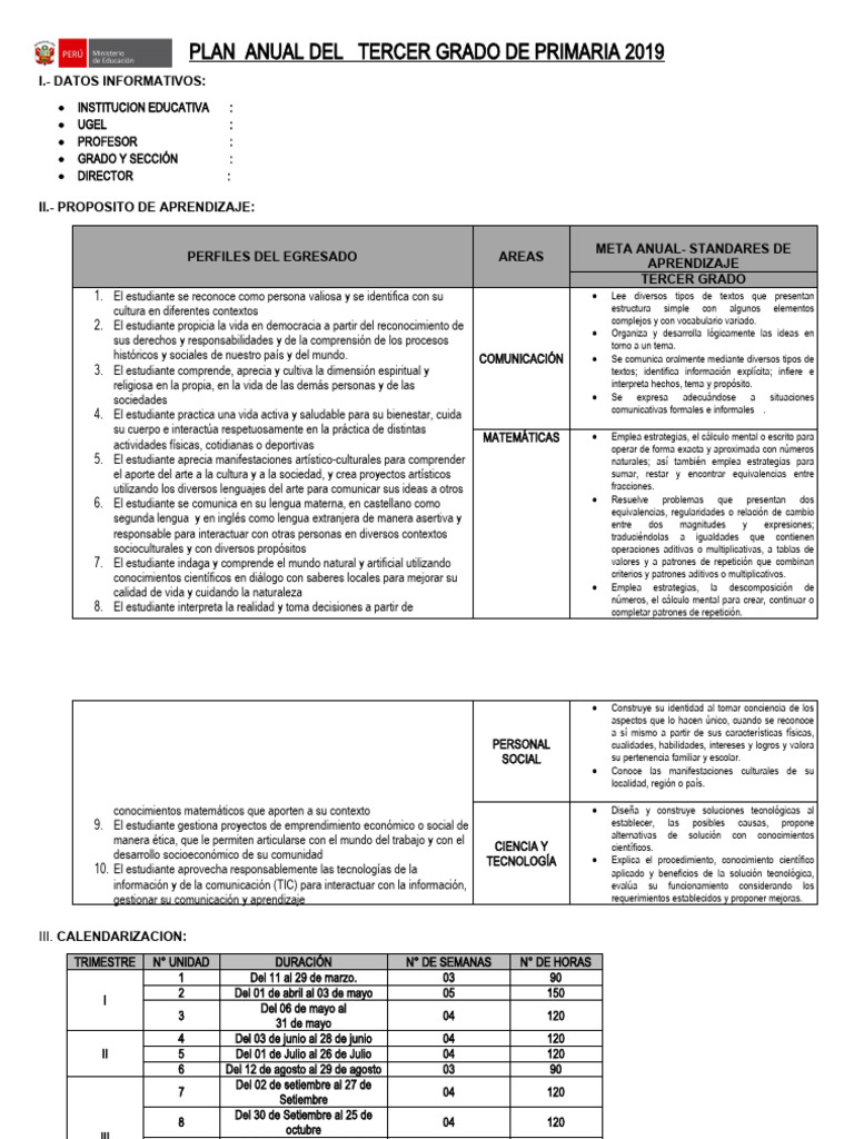Plan Anual Tercer Grado Primaria 2019 | PDF | Navidad | Aprendizaje
