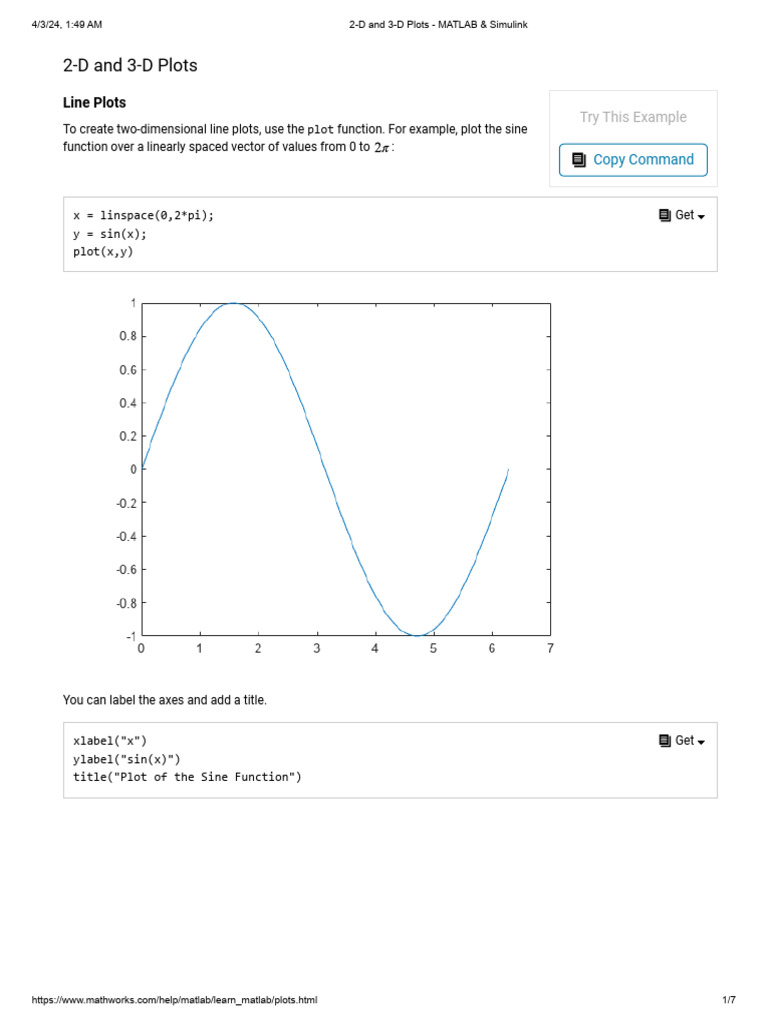 2-D and 3-D Plots - MATLAB & Simulink | PDF | Matlab | Trigonometric Functions