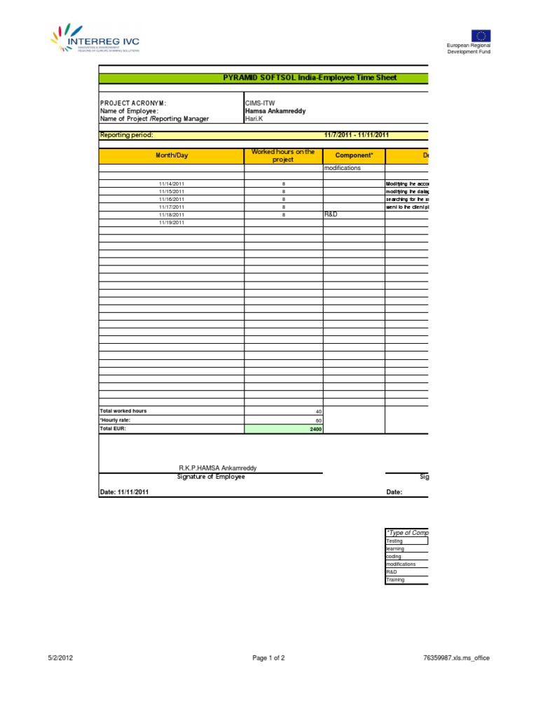 PYRAMID SOFTSOL India-Employee Time Sheet: Cims-Itw Hari.K | PDF
