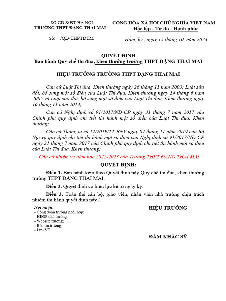 Chua So Quy Che Thi Dua 2022 2023 | PDF