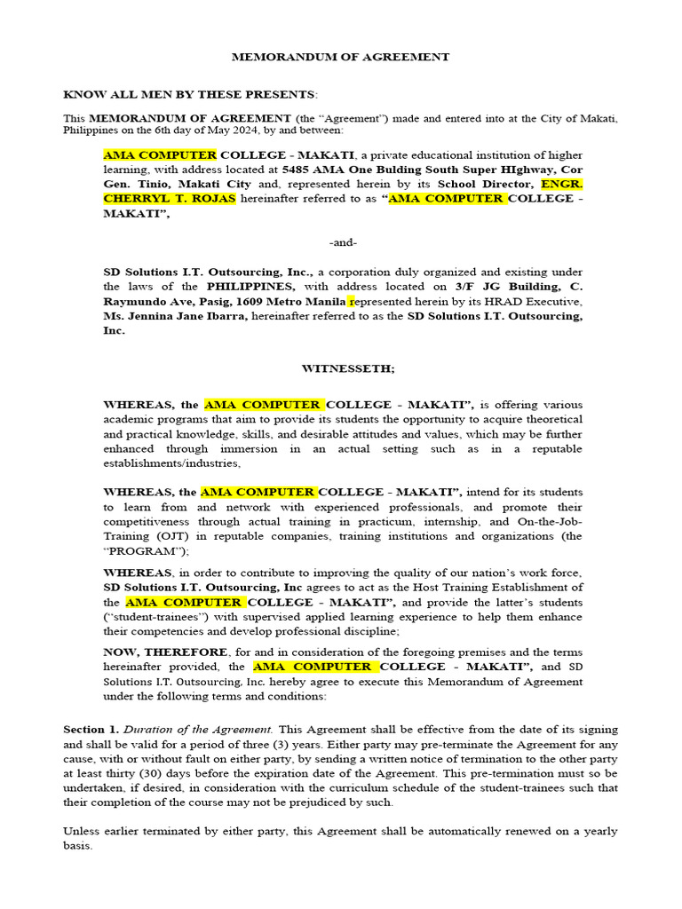 Ojt Moa Draft Template 2023 | PDF | Outsourcing | Justice