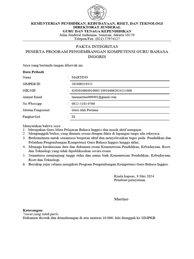 Form Pakta Integritas Peserta PKGBI 2024 | PDF