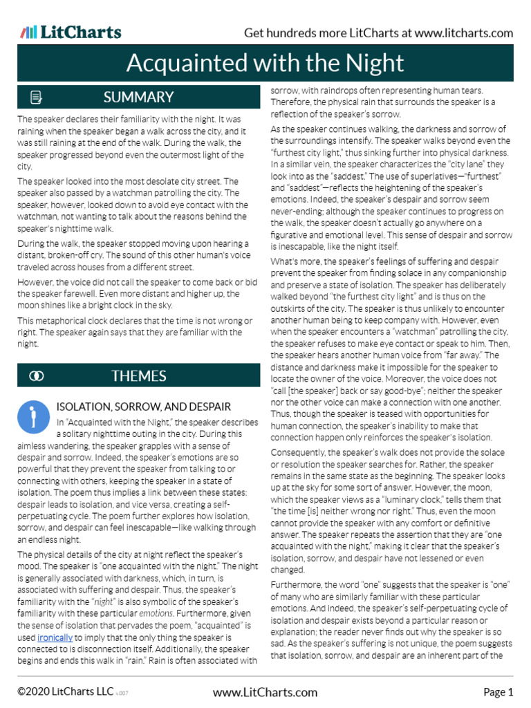 Acquainted With The Night LitChart | Download Free PDF | Poetry | Shyness