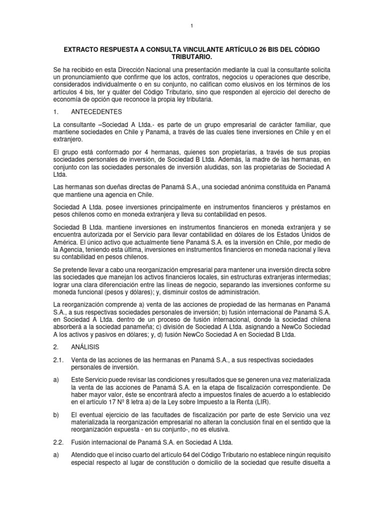 Extracto Respuesta A Consulta Vinculante Artículo 26 Bis Del Código ...