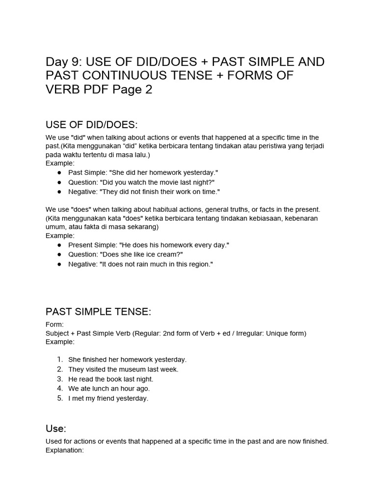 USE OF DID - DOES + PAST SIMPLE AND PAST CONTINUOUS TENSE + FORMS OF VERB PDF Page 2 | PDF ...