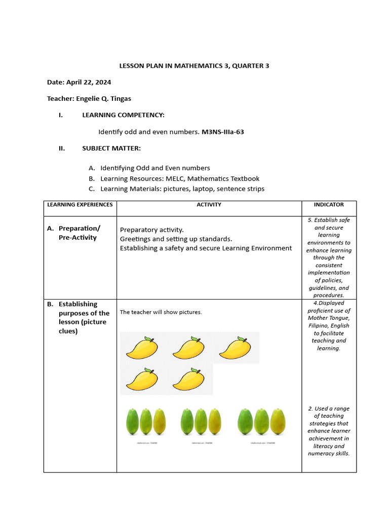 Lesson Plan in Mathematics 3 Cot 1 | PDF | Learning | Lesson Plan
