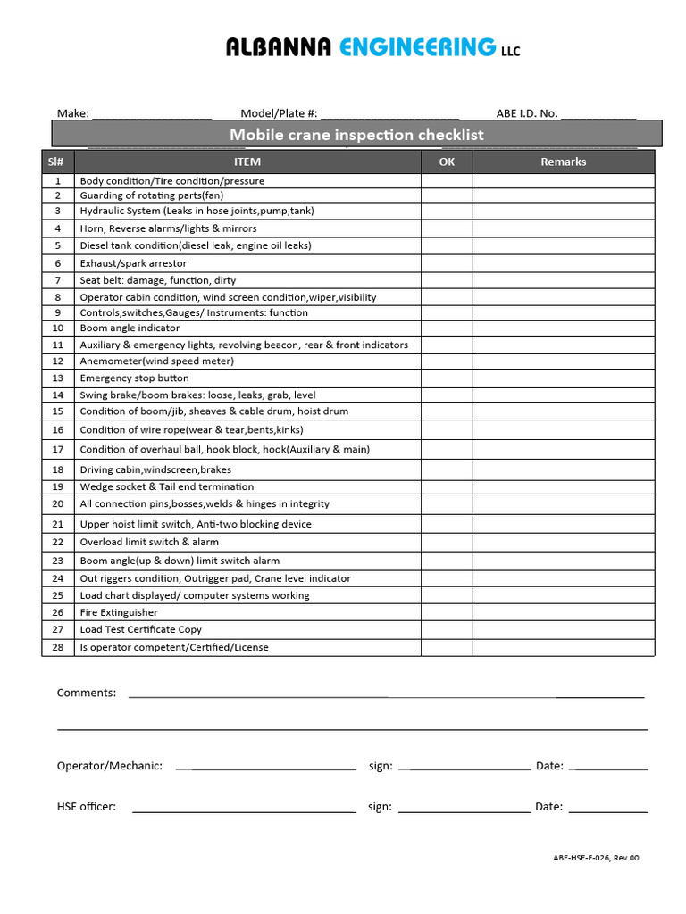 F 026 Crane Inspection Checklist | PDF