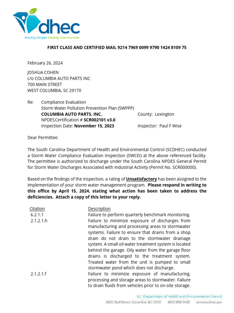 DHEC Final Inspection of Columbia Auto Parts | PDF | Storm Drain ...