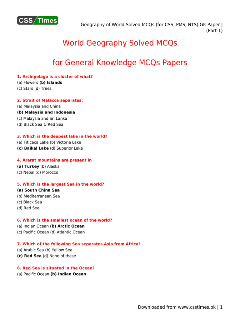 Geography of World Solved MCQs (For CSS, PMS, NTS) GK Paper - (Part-1) | PDF | Indian Ocean ...