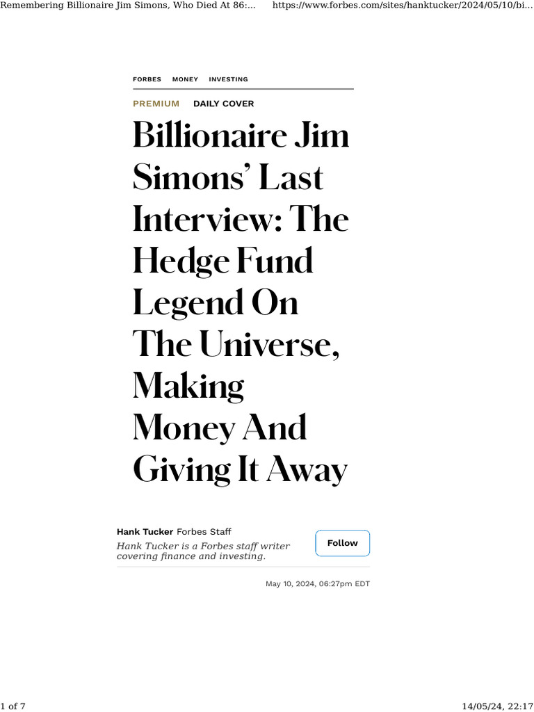 Remembering Billionaire Jim Simons, Who Died at 86 His Last Interview ...