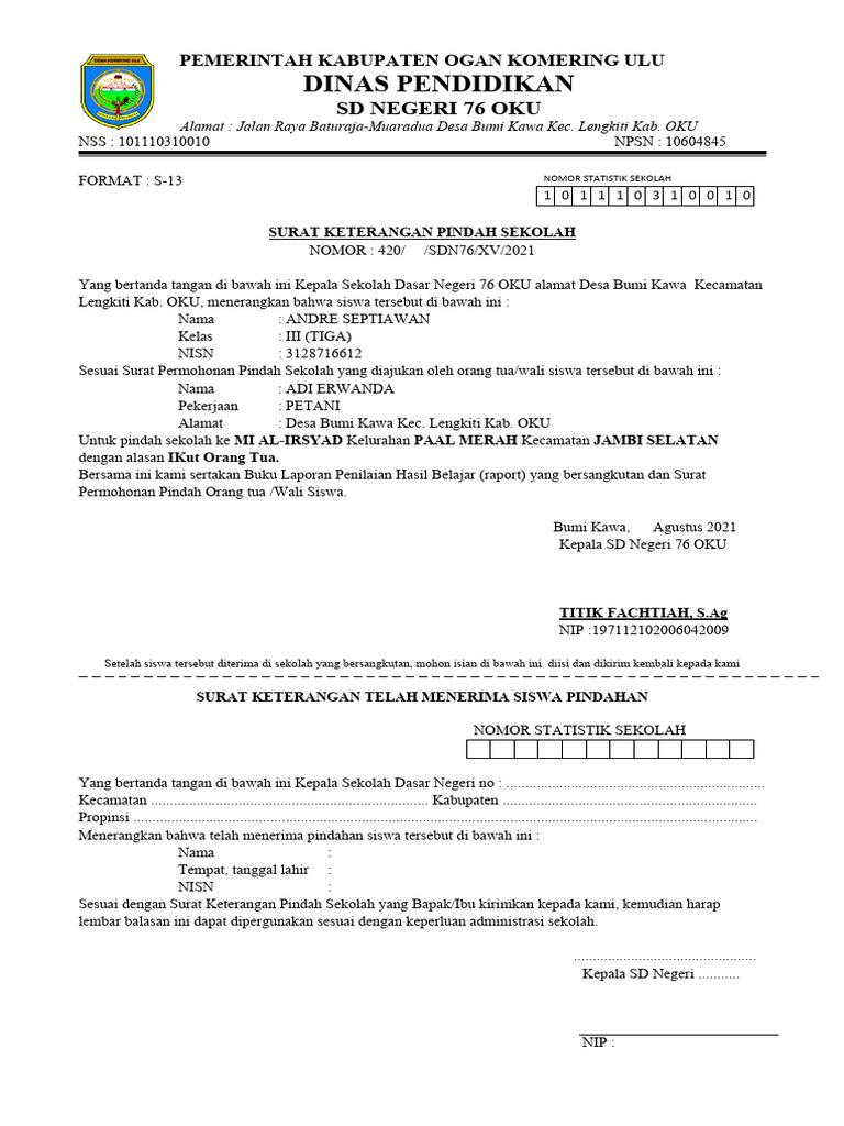 Surat Keterangan Pindah Sekolah | PDF