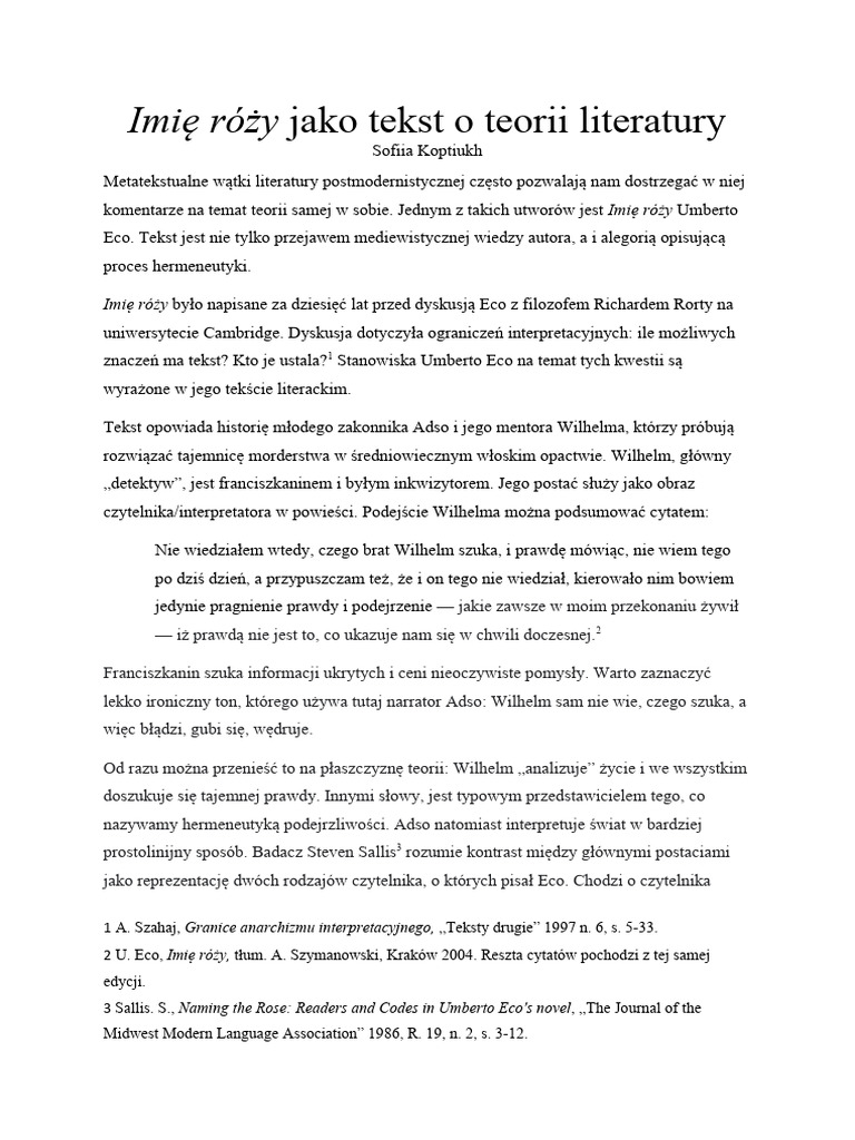 Imię Róży Jako Tekst o Teorii Literatury | PDF