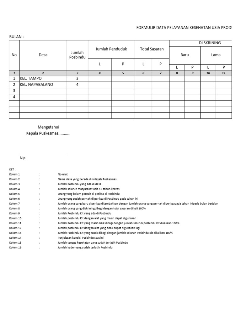 Data Skrining Kesehatan Puskesmas Tampo | PDF