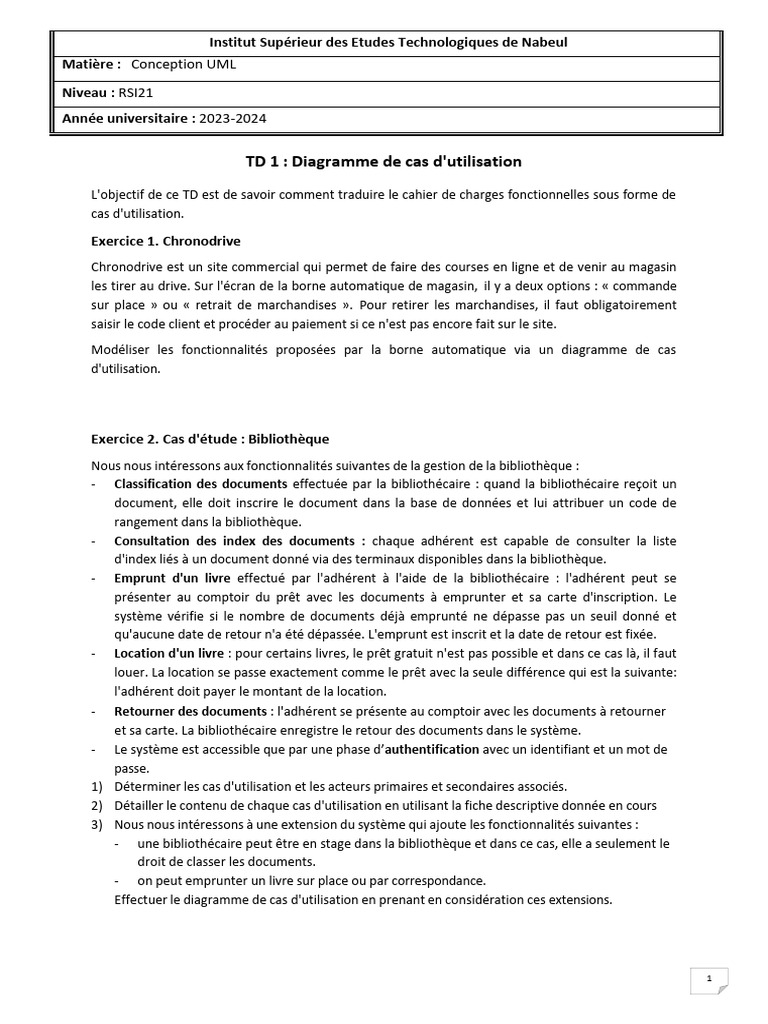 TD1 Use Case Diagram | PDF | Cas d'utilisation | Bibliothèques