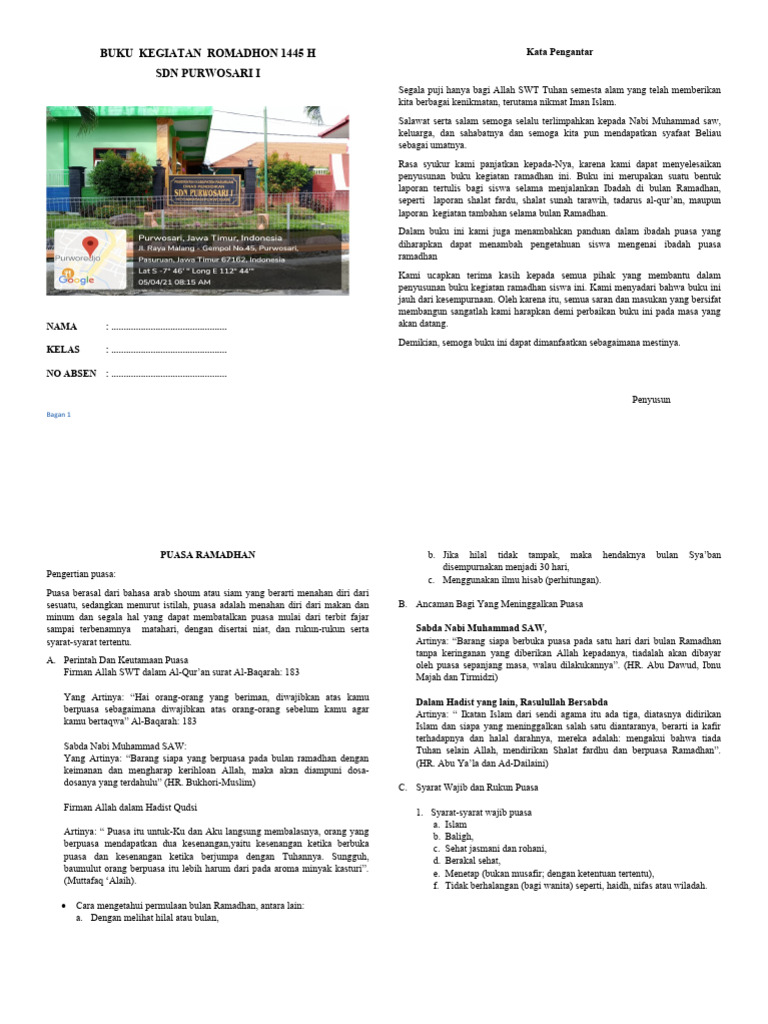 Buku Kegiatan Ramadhan SDN Purwosari 1 | PDF