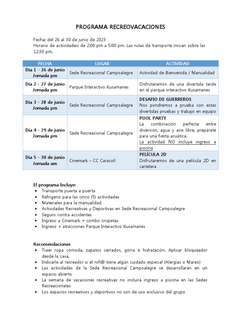 Programa Recreovacaciones 2da Semana | PDF