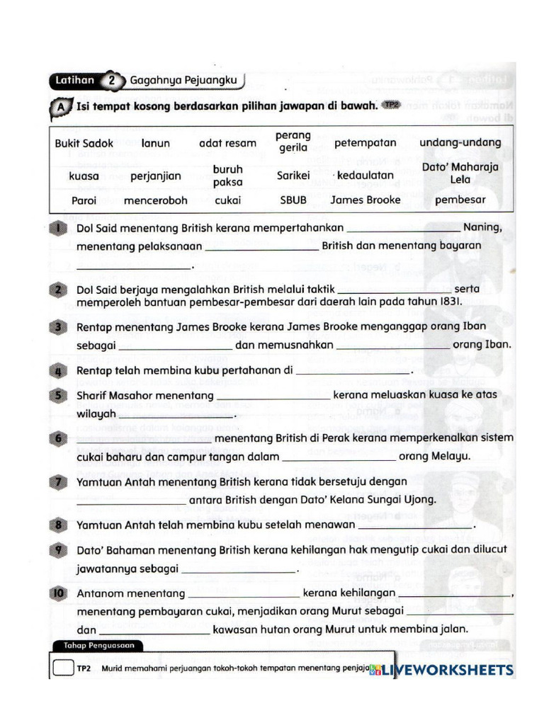 Lembaran Kerja Menentang Penjajah Sejarah Tahun 5 | PDF