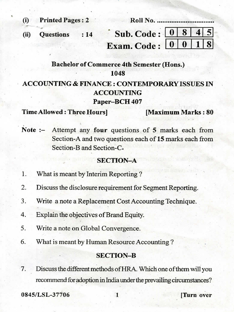 B Com Hons 4th Sem May 2018 | PDF | Accounting | Economics