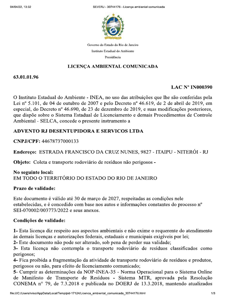 Licença Inea - Advento RJ | PDF