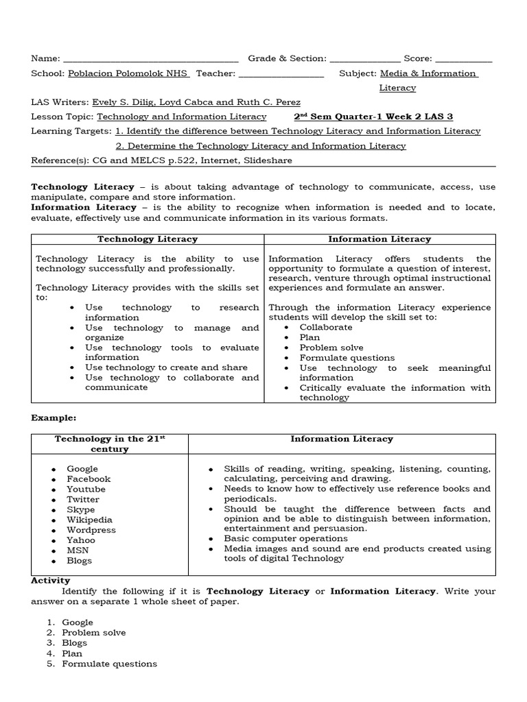 Las Media Info. Literacy Q3 Week2 Las3 | PDF | Information Literacy | Literacy