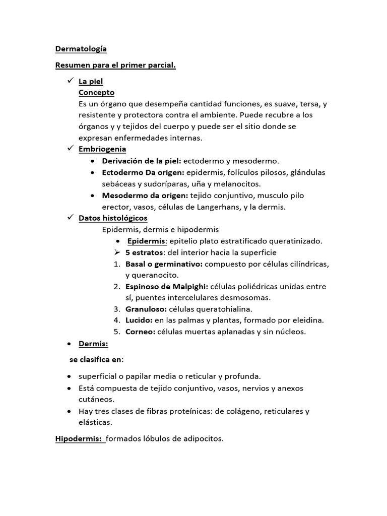 Dermatología resumen 1er parcial | PDF | Perdida de cabello | Piel