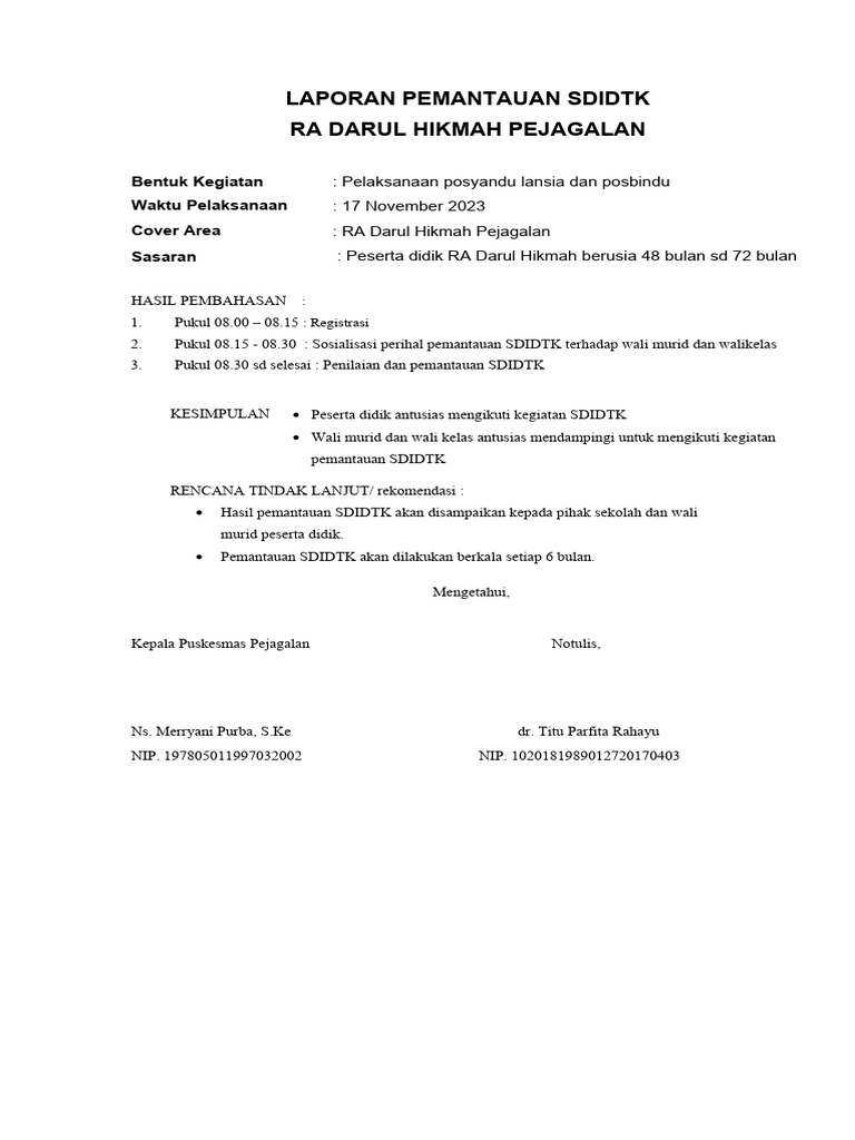 Laporan Pemantauan Sdidtk | PDF | Kesehatan Holistik | Gaya Hidup