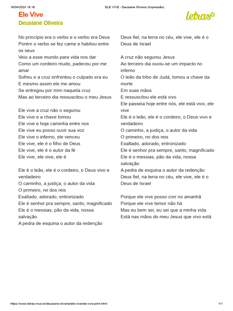Letra do Hino "Ele Vive" - Deusiane Oliveira | PDF | Salvação | Jesus