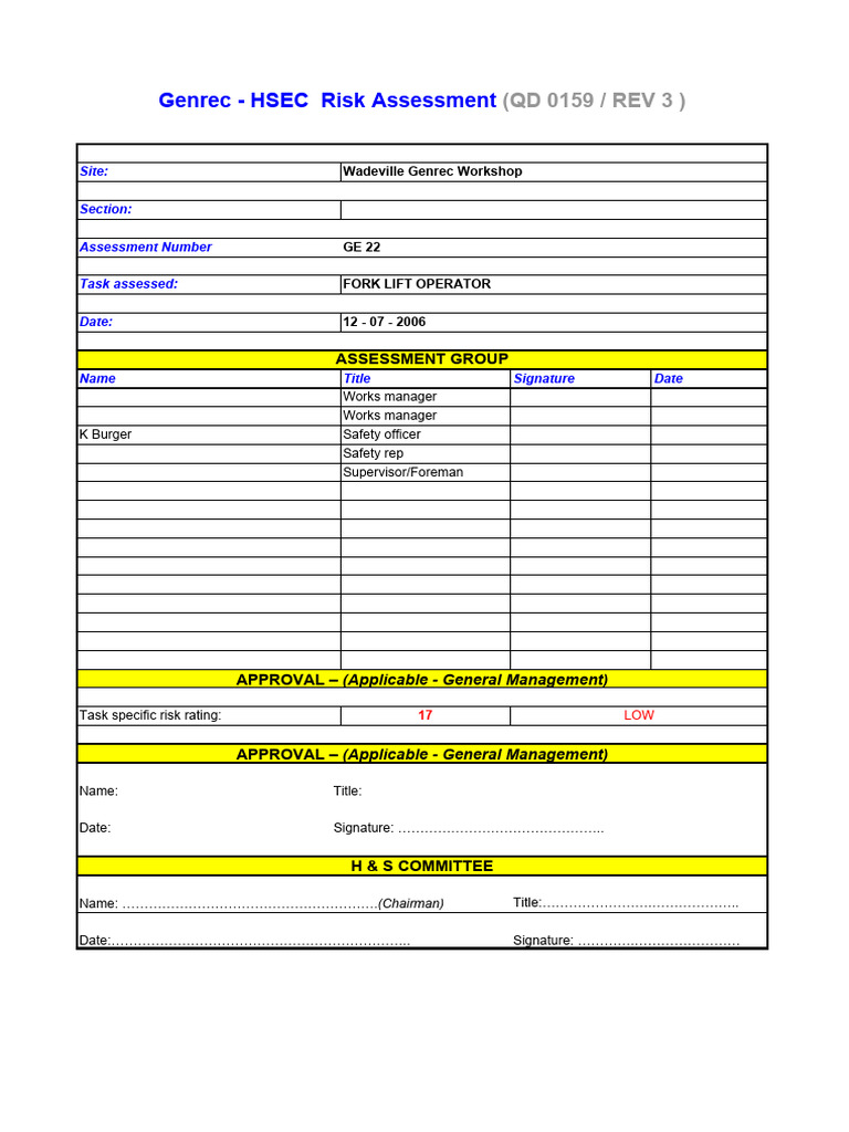 Risk Assess Forklift Driver | PDF | Risk | Workplace
