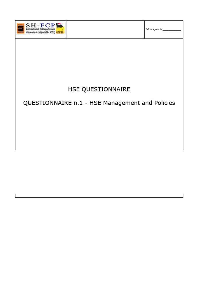 APPENDIX HSE Questionnaire N 1 - HSE Management and Policies | PDF ...