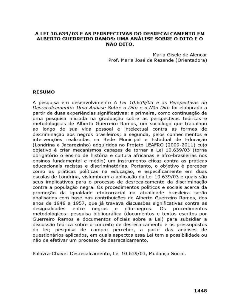 Análise da Lei 10.639/03 e Desrecalcamento | PDF | Sociologia | Science