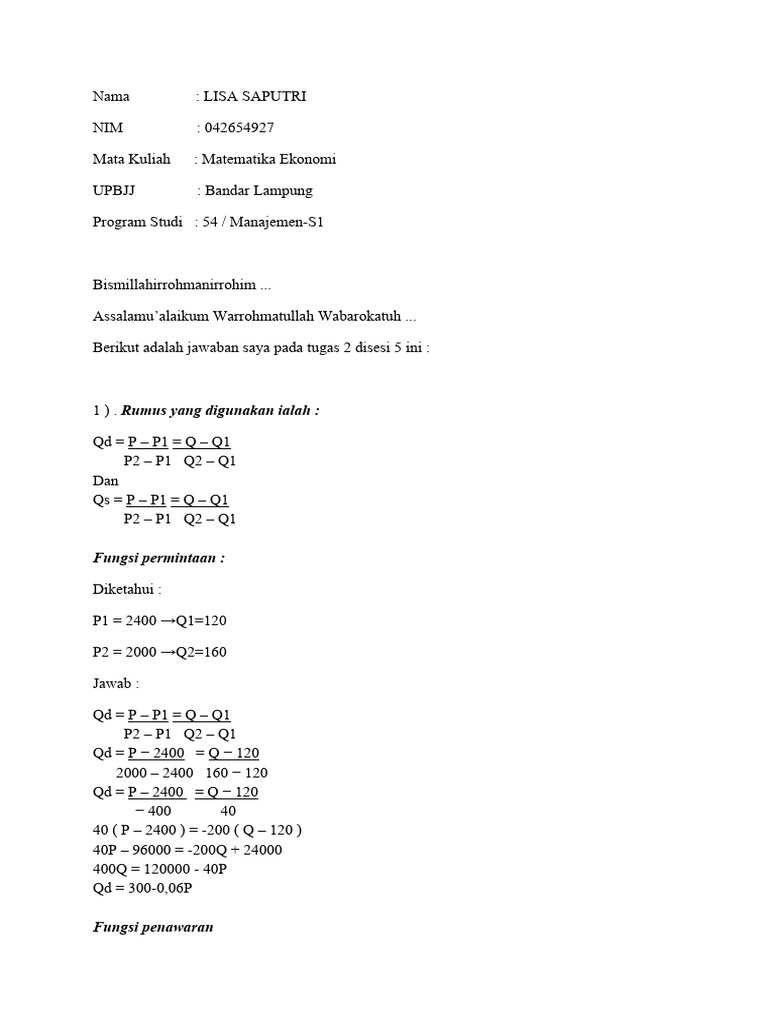 Semester 1 (Tugas 2, Sesi 5, Matkul Matematika Ekonomi) | PDF