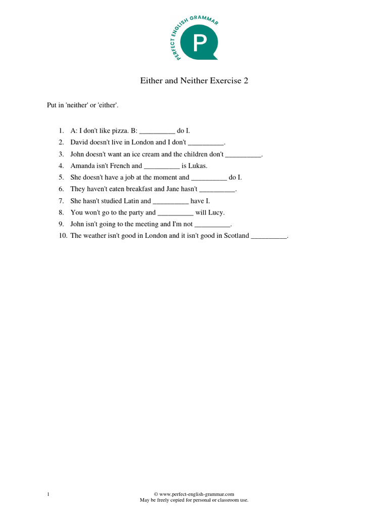 Either and Neither Exercise 2 | PDF | Foreign Language Studies