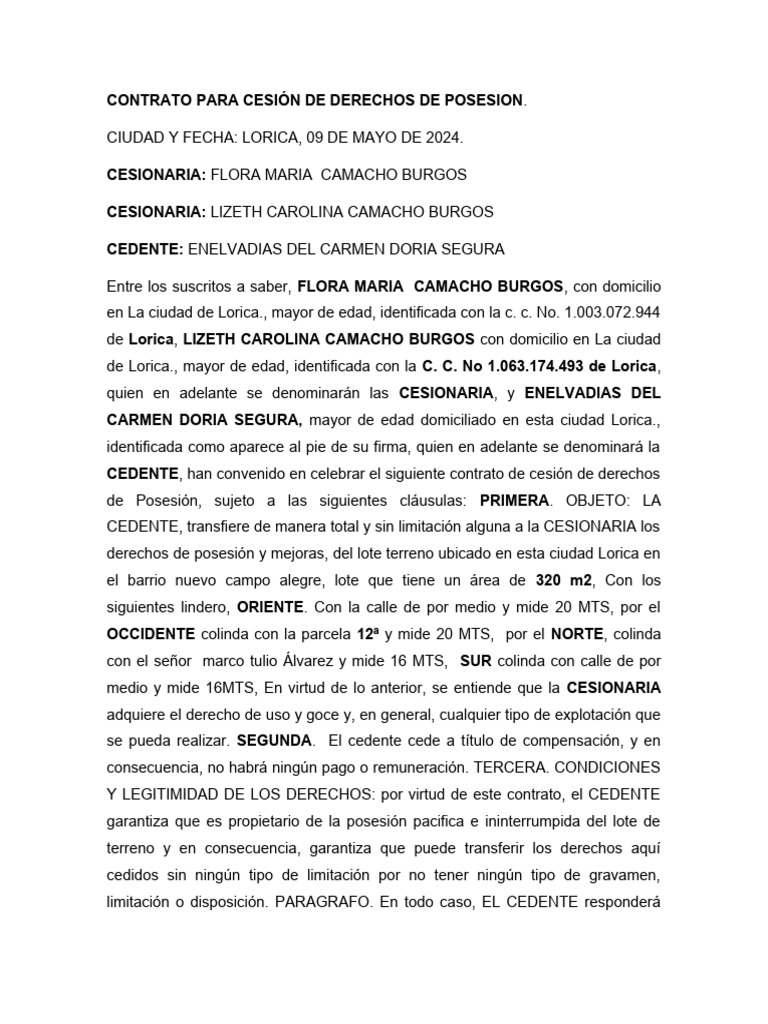 Contrato para Cesión de Derechos de Posesion Lizeth | PDF | Derecho
