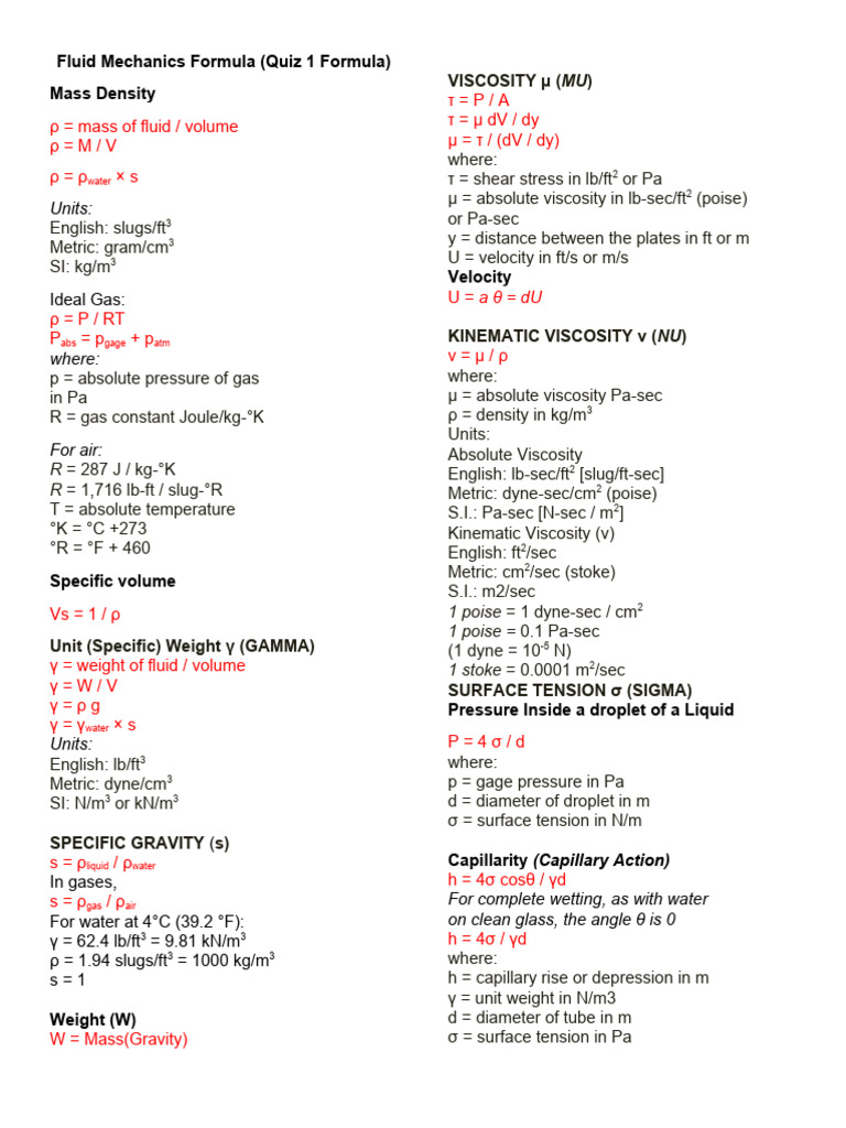 Fluid Mechanics Formula 1 | PDF | Viscosity | Pressure
