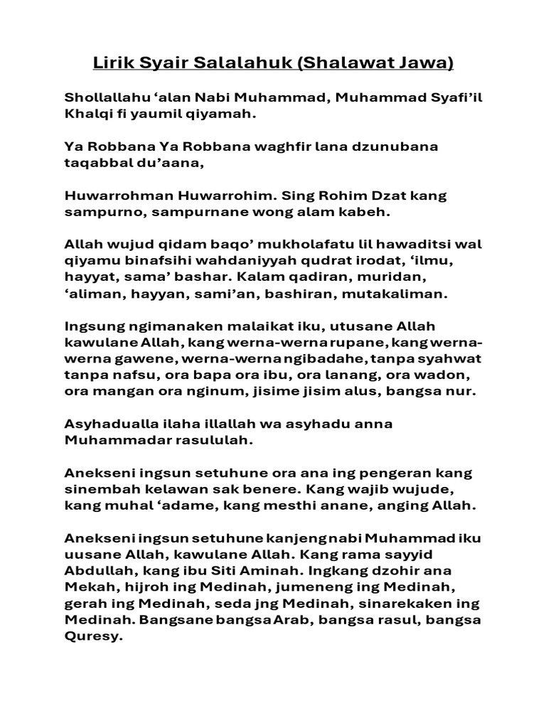 Lirik Syair Salalahuk (Shalawat Jawa) | PDF