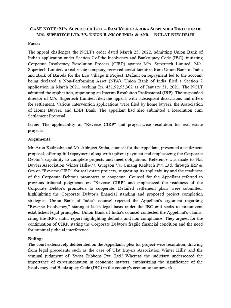 Case Note- Supertech | PDF | Bankruptcy | Judgment (Law)