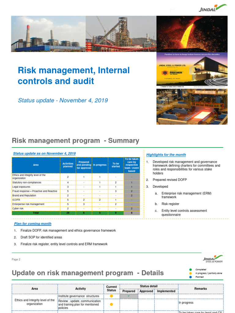 Risk Management, Internal Controls and Audit: Status Update - November ...