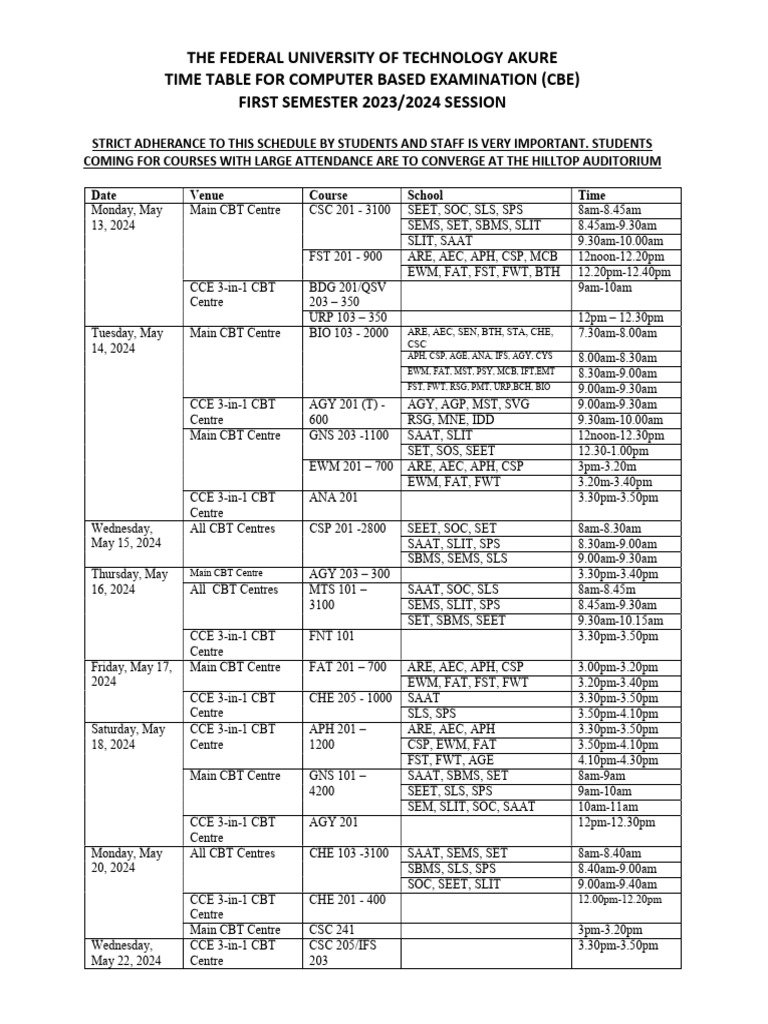Cbe Schedule For 1ST Semester 20232024 | PDF