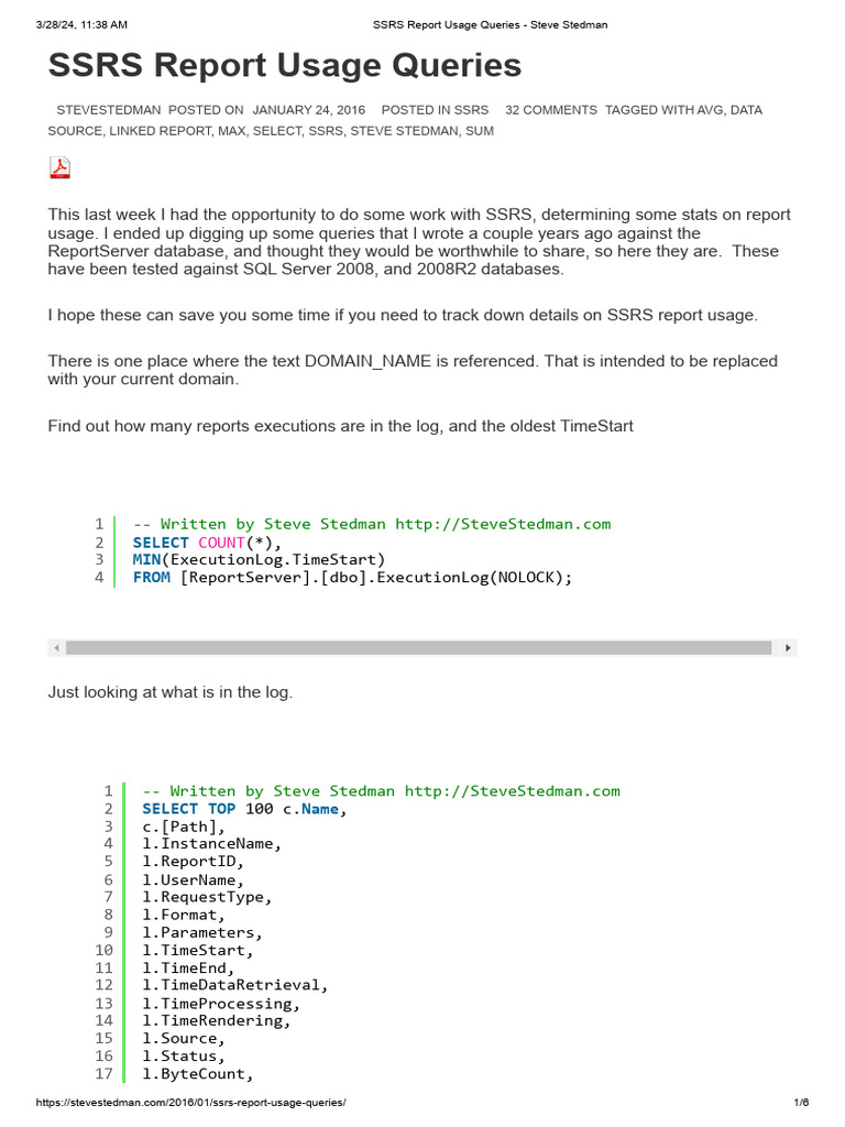 SSRS Report Usage Queries | PDF | Databases | Software
