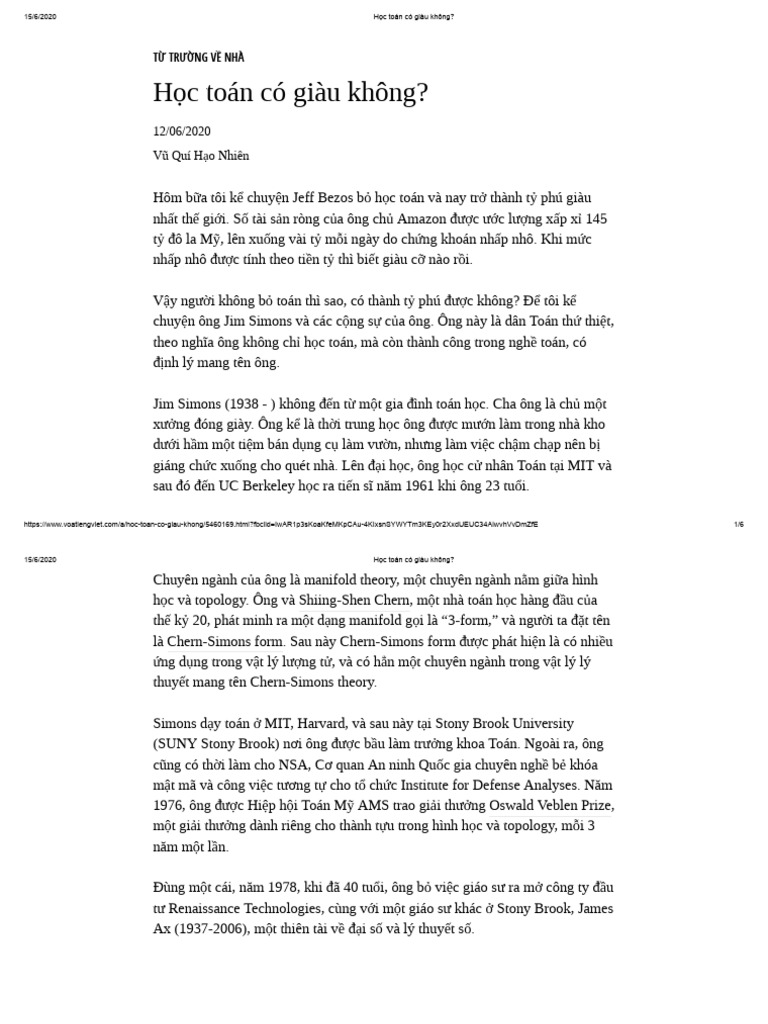Học toán có giàu không - Vu Qui Hao Nhien | PDF