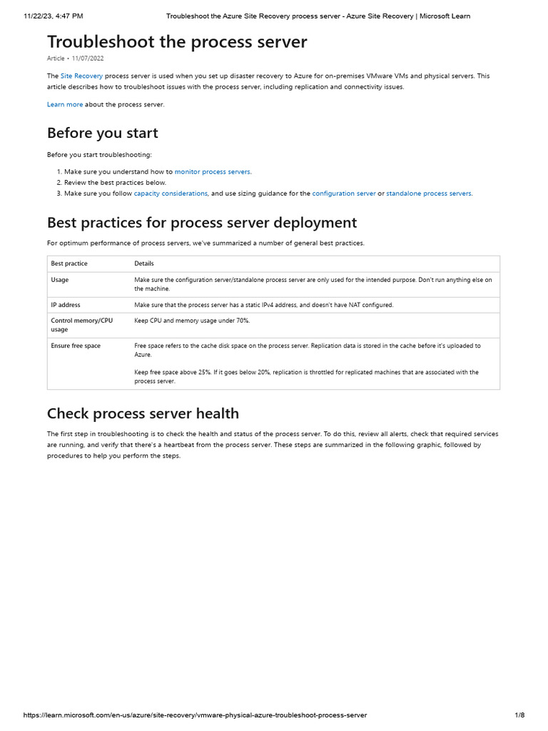 Troubleshoot The Azure Site Recovery Process Server - ASR | PDF | Proxy Server | Microsoft Azure