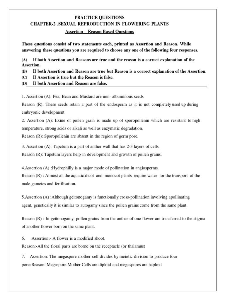 Assertion-Reason Questions on Plant Reproduction | PDF | Fertilisation ...