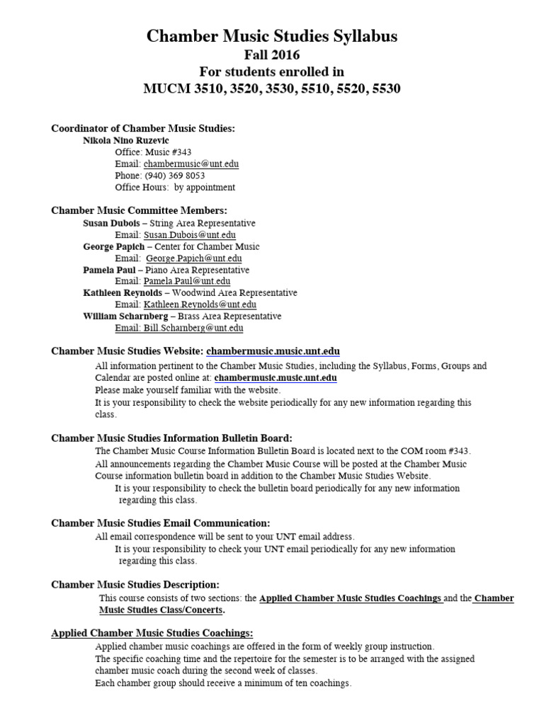 Chamber Music Studies Class Syllabus Fall 2016 | PDF | Concert ...