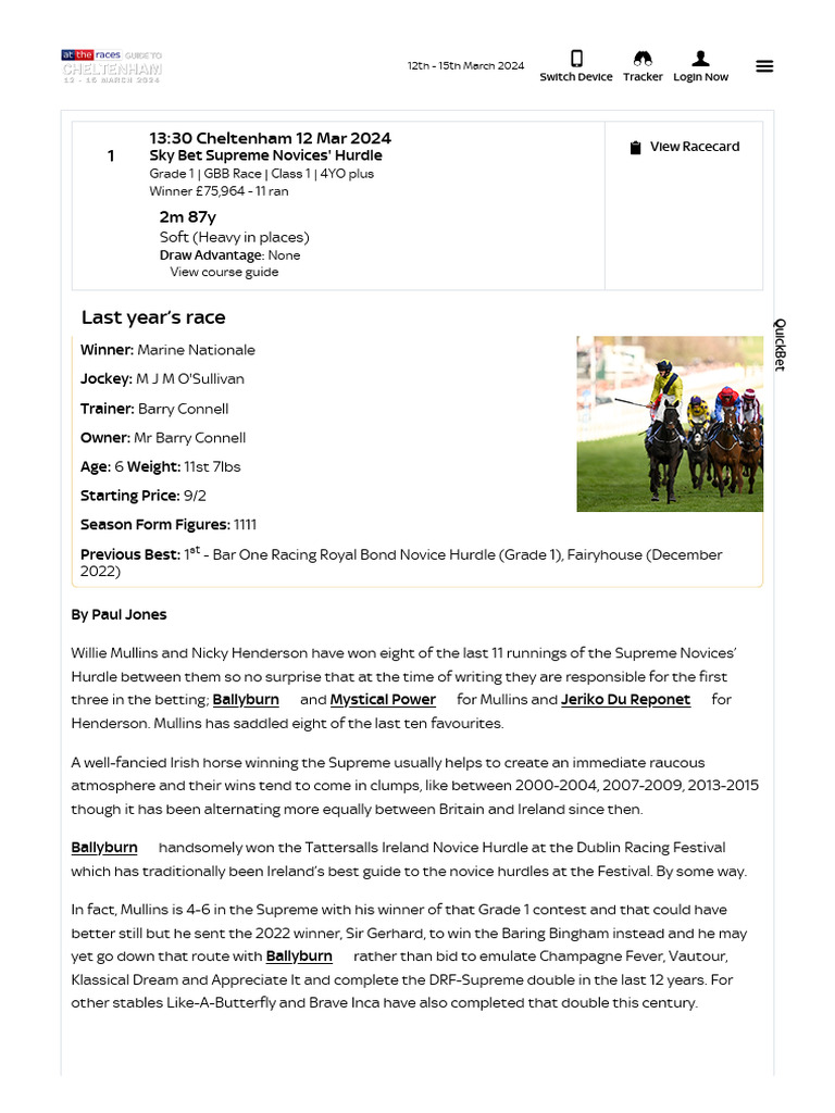 Sky Bet Supreme Novices' Hurdle (Grade 1) - 2024 | PDF | Racehorses ...