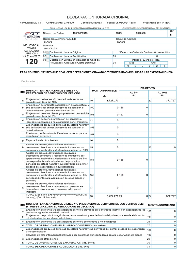 Declaración Jurada IVA Formulario 120 V4 | PDF | Impuesto al valor ...