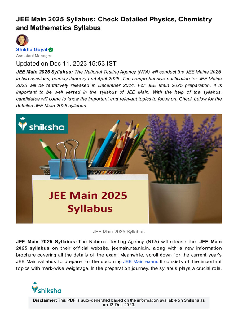 JEE Main 2025 Syllabus: Check Detailed Physics, Chemistry and Mathematics Syllabus | PDF ...