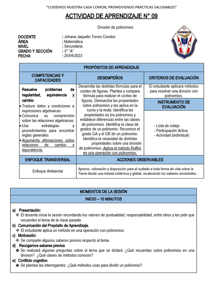3a - Sesion de Aprendizaje - 9 - E2 | PDF | Evaluación | Aprendizaje